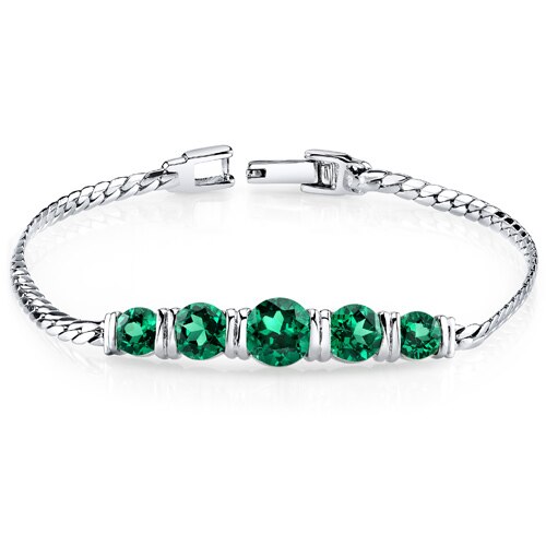 5 Stone Emerald Bracelet 3.50ct Round Shape Sterling Silver 7.25