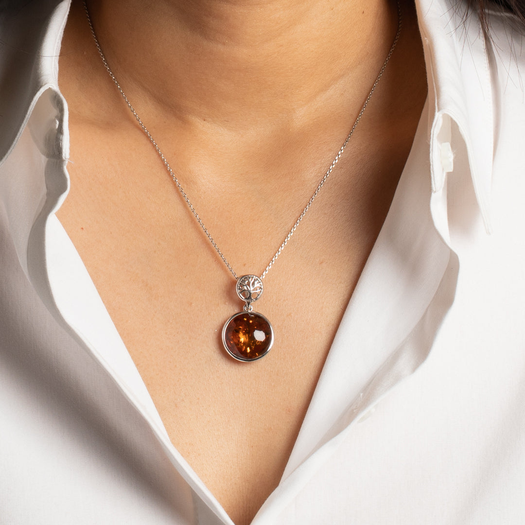 Natural Baltic Amber Tree of Life Pendant Necklace Double Sided Design Sterling Silver