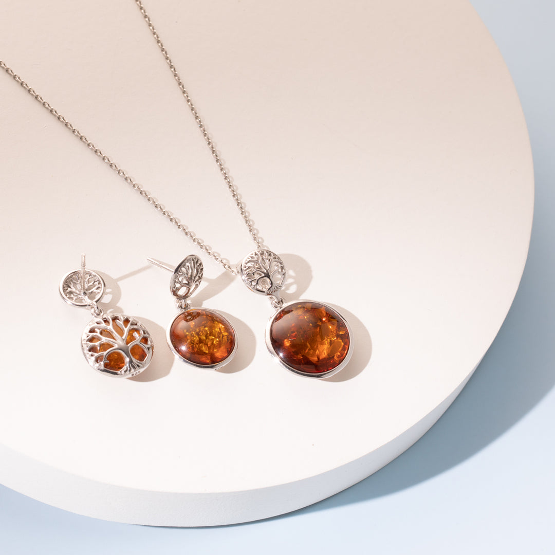 Natural Baltic Amber Tree of Life Pendant Necklace Double Sided Design Sterling Silver